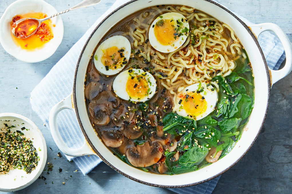 Mushroom Spinach Miso Ramen with Soft Boiled Eggs Furikake